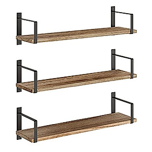 Wallniture Toledo Wood Floating Shelves for Wall Storage, Floating Bookshelf Set of 3, 24"x6" Rustic Wall Shelves for Living Room, Bedroom, Kitchen, Bathroom Storage, Burned Finish