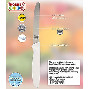 The Kosher Cook White Kitchen Knife – 4.5” Steak and Vegetable Knife - Razor Sharp Curved Tip, Straight Edge - Color Coded Kitchen Tools