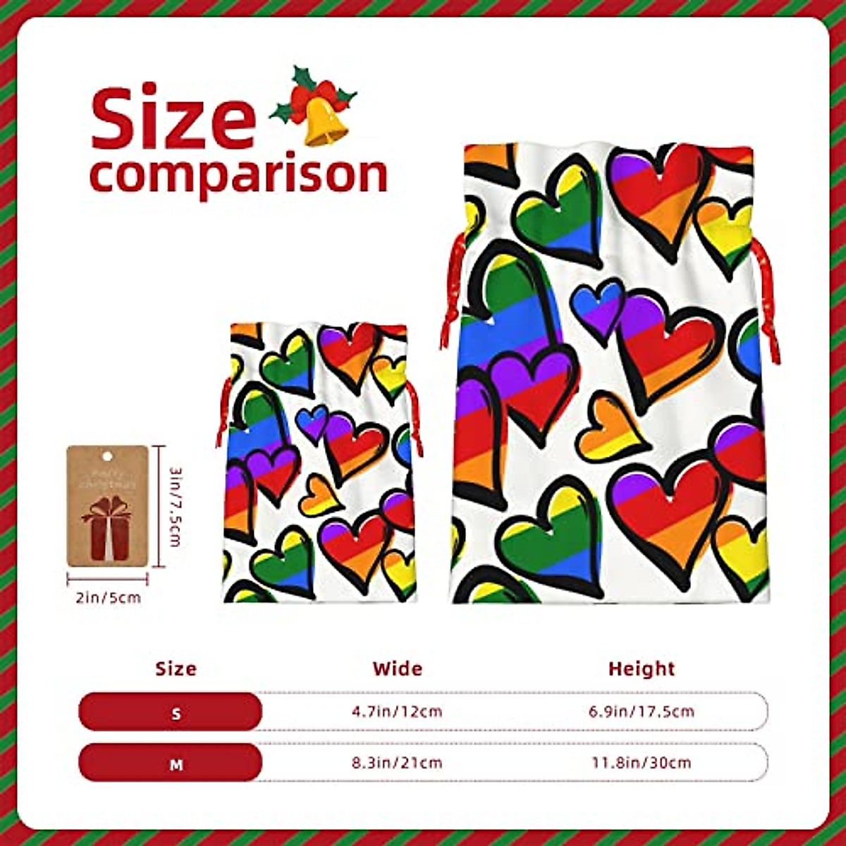 Rainbow Colored Gay Pride Heartschristmas Drawstring Gift Bag, Linen Drawstring Gift Bag, Reusable Drawstring Gift Bag, Used For Christmas, Birthday, Wedding Supplies