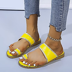 Women's Slip Toe Flat Slippers Large Casual Beach Sandals Fuzzy Slippers for Women with Strap (Yellow, 6.5)