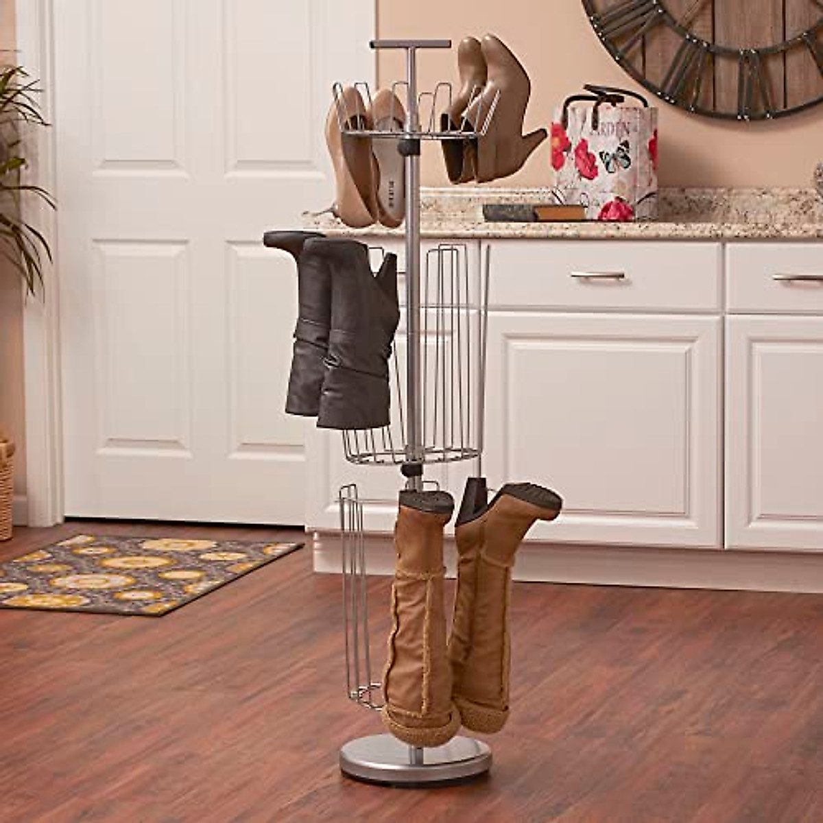 Household Essentials 2132-1 Metal 3-Tier Revolving Shoe and Boot Rack - Silver