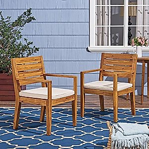 Great Deal Furniture Arely Outdoor Acacia Wood Dining Chairs, Sandblast Natural and Cream (Set of 2)