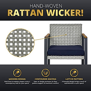 Kinger Home Keaton 4-Piece Outdoor Rattan Furniture Set with Teakwood Accents, Sofa, 2 Armchairs, Glass Coffee Table