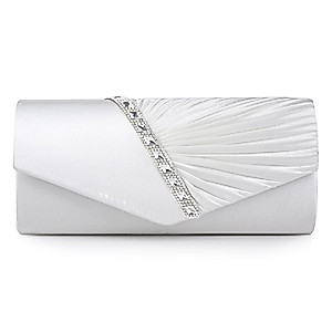 Damara Womens Pleated Crystal-Studded Satin Handbag Evening Clutch,White, large