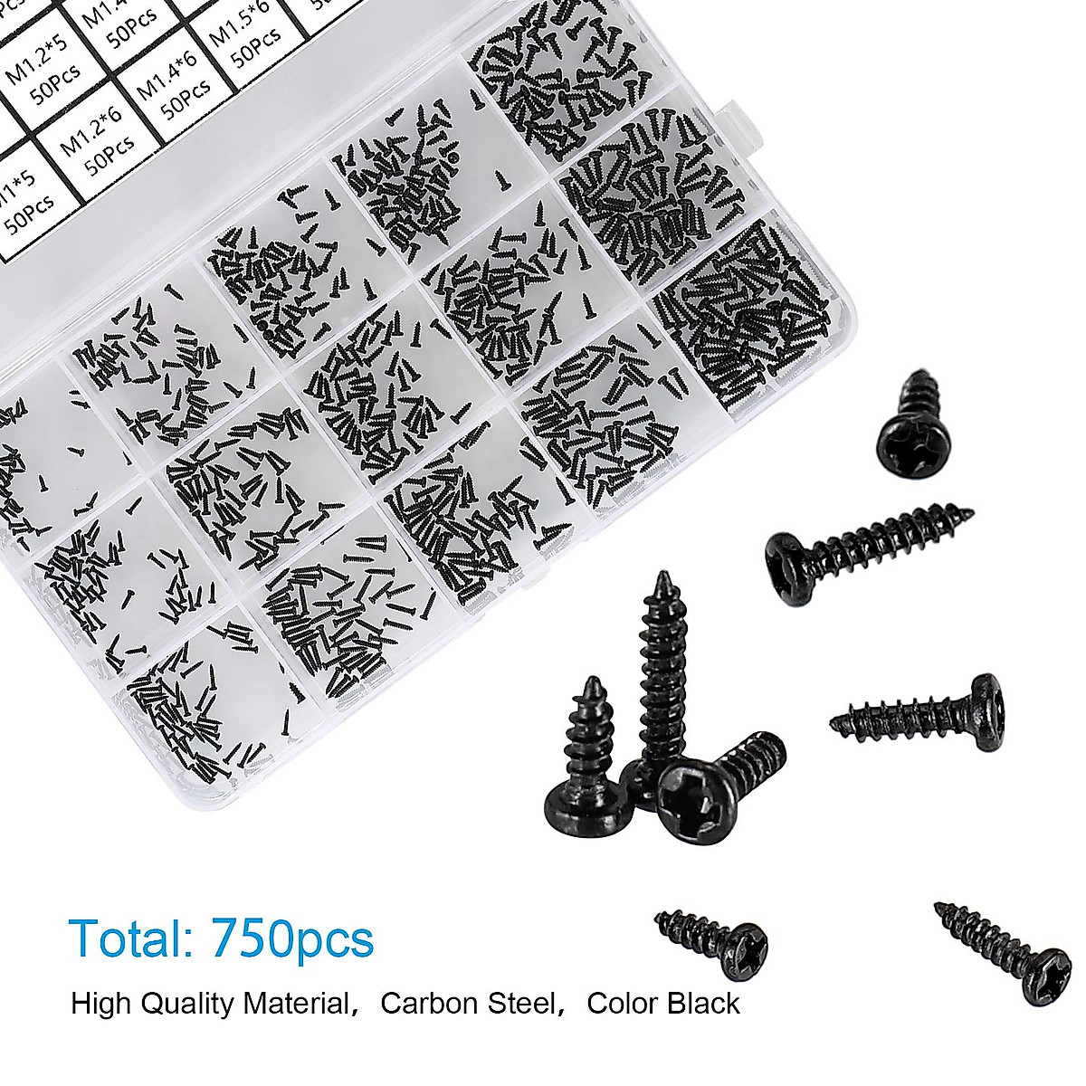 HanTof 750pcs Black Tiny Screws for Electronics, M1, M1.2, M1.4, M1.5, M1.7 Very Small Phillips Pan Head Self Tapping Screws, Micro Wood Screws, Mini Electronic Screws Assortment Kit-Carbon Steel