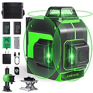 3D Laser Level, 3x360° Self Leveling Green Cross Line Laser for Construction and Picture Hanging with Rechargeable battery, Remote Controller, Magnetic Rotating Stand