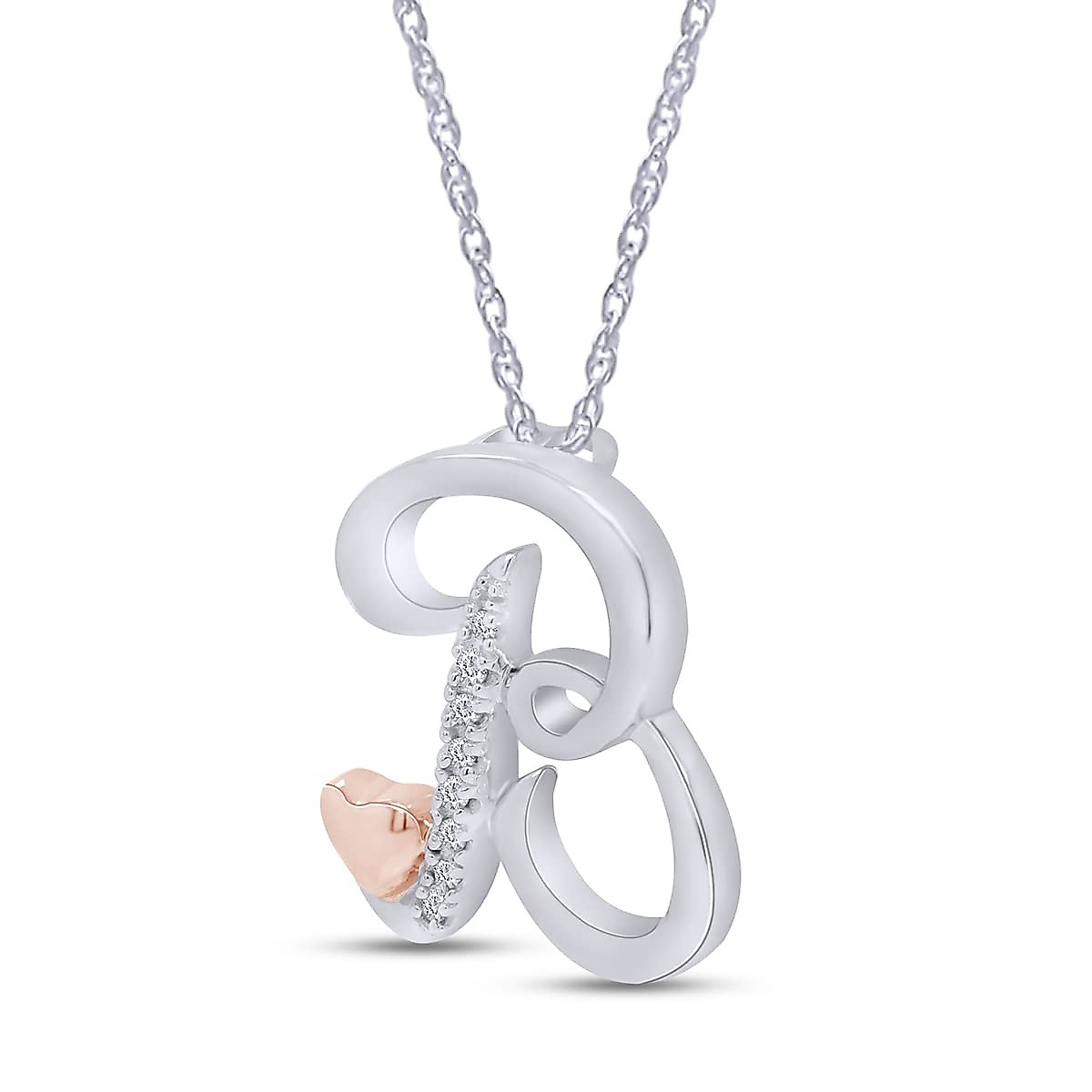 Jewel Zone US Two Tone Sterling Silver Natural Diamond Accents A - Z Initial & Heart Pendant Necklace