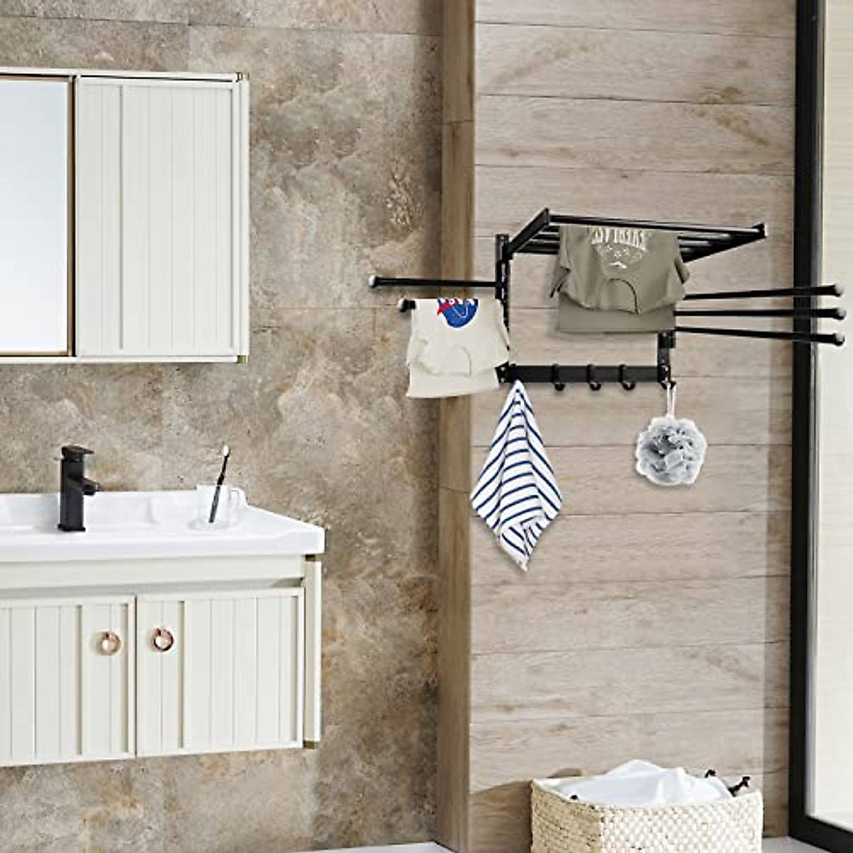 Laundry Clothes Drying Rack, Foldable Wall Mounted Drying Rack, Swivel Towel Rack with 5 Coat Hooks & 7 Swing Arms, Space Aluminum Drying Rack for Laundry Room Organization and Bathroom (Silver 7rods)