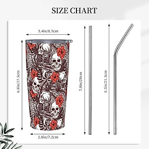 Yaxongx 20oz Tumbler Spooky Skull Flower Double Wall Vacuum Insulated Coffee Mug with Lid and Metal Straw Brush Reusable Stainless Steel Water Bottle Travel Cup Gifts for Car Ice Drinks Hot Beverage