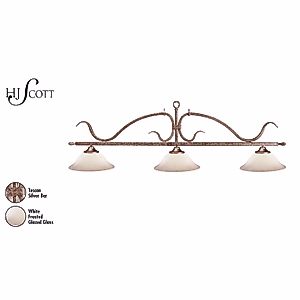 Hj Scott Decorator Traditional Billiard Table Light with Tuscan Silver Bar and 3 Frosted Alabaster Etched Glass Shades, 21 x 56-Inch