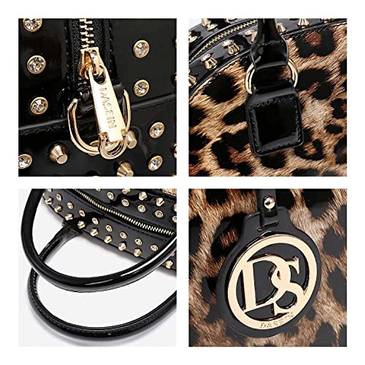 Dasein Women Patent Leather Purses Handbags Dome Satchel Purse Work Tote Structured Shoulder Bag with Long Strap (Leopard)