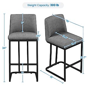 Yaheetech Counter Height Bar Stools 24'' Bar Stools Set of 2 Leather Bar Chairs Modern Upholstered Barstools with Back for Kitchen Counter Gray