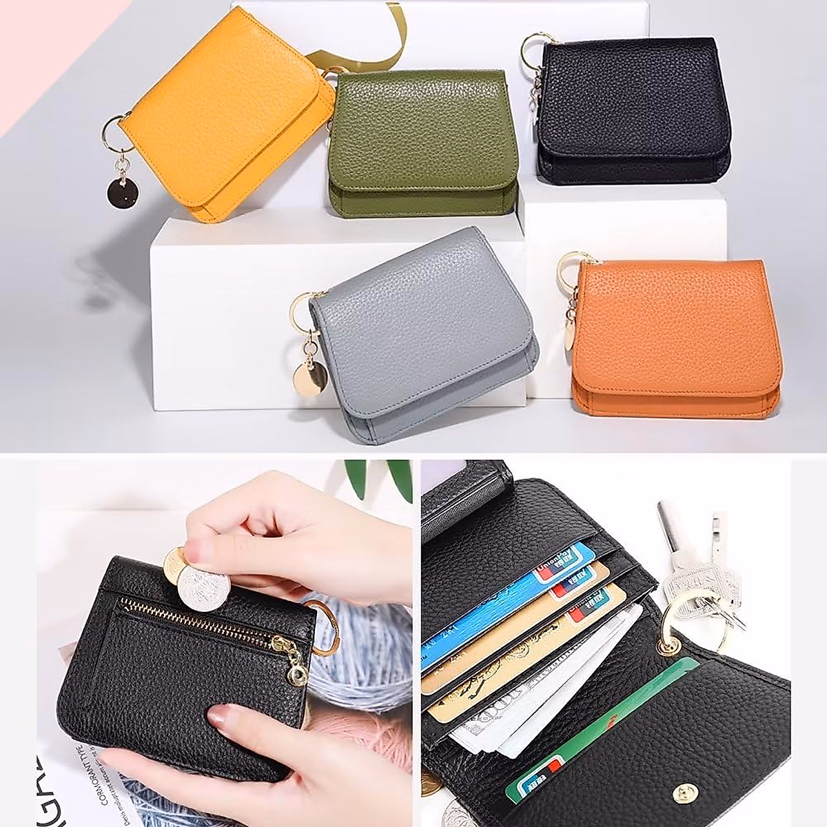 Mudono Small Wallet for Women RFID Blocking Genuine Leather Card Case Slim Tri-Fold Wallet with Zipper Pocket and Keychain