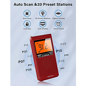 AM FM Portable Radio Personal Radio with Excellent Reception Battery Operated by 2 AAA Batteries with Stero Earphone, Large LCD Screen, Digtail Alarm Clock Radio(Red)
