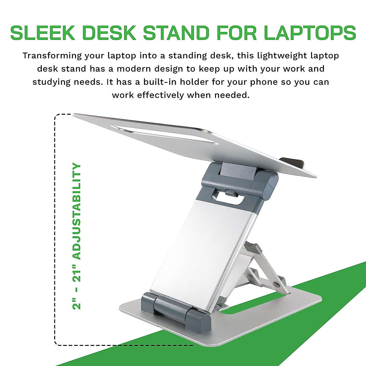 obVus Solutions - minder 2.0 Height-Adjustable Laptop Stand with Integrated Smartphone Holder – Ergonomic, Portable, and Foldable Stand for 10” to 17” Tablets and Laptops