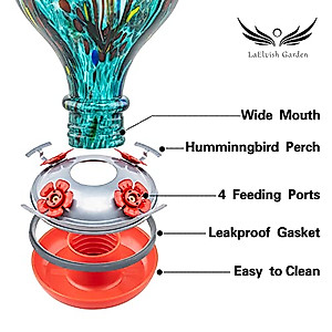 LaElvish Garden Gifts for Mom Mothers Day, Hummingbird Feeders for Outdoors Hanging, 32OZ Glass Hummingbird Feeder with Ant Moat, Patio Yard Porch Decor (Teal Blue)