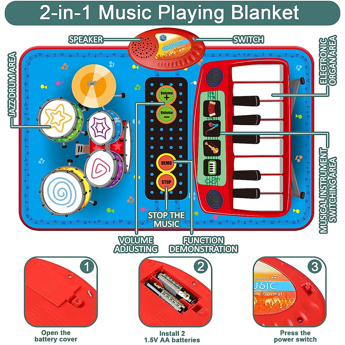 PRAGYM Baby Toys for 1 Year Old Boys & Girls, 2 in 1 Musical Toys, Toddler Piano & Drum Mat with 2 Sticks, Learning Floor Blanket, Birthday Gifts for 1 2 3 Year Old Boys & Girls