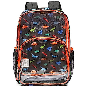 BLUEFAIRY Boys Clear Backpack Heavy Duty Stadium Approved Dinosaur Transparent Backpack Plastic See Through Bag for Kids for School Travel Gifts (Large Orange)