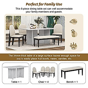 WOZNLA Room 6-Piece Modern Style Set-Faux Marble Table with 4 Upholstered Dining Chairs & 1 Bench-Contemporary White Design for Family Kitchen