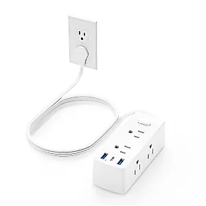 Flat Plug Power Strip, Olcorife Flat Extension Cord 5ft, 6 Outlets 3 USB Ports(1 USB C), 3-Side Outlet Extender Surge Protector for Home Office Travel Dorm Room Essentials, White