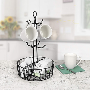 Spectrum Diversified Paxton 8 Holder & Coffee Station Organizer Rustic Twist Designed Coffee Rack & Coffee Accessory Storage, Mug Tree for Kitchens, Offices, Parties & More, Black