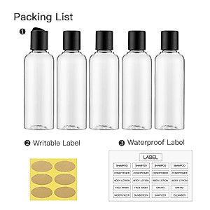 owlyee 3.4 oz Travel Bottles for Toiletries, Empty Travel Size Containers Tsa Approved, 5PCS Small Plastic Shampoo Bottles with Labels (100ml, Clear)