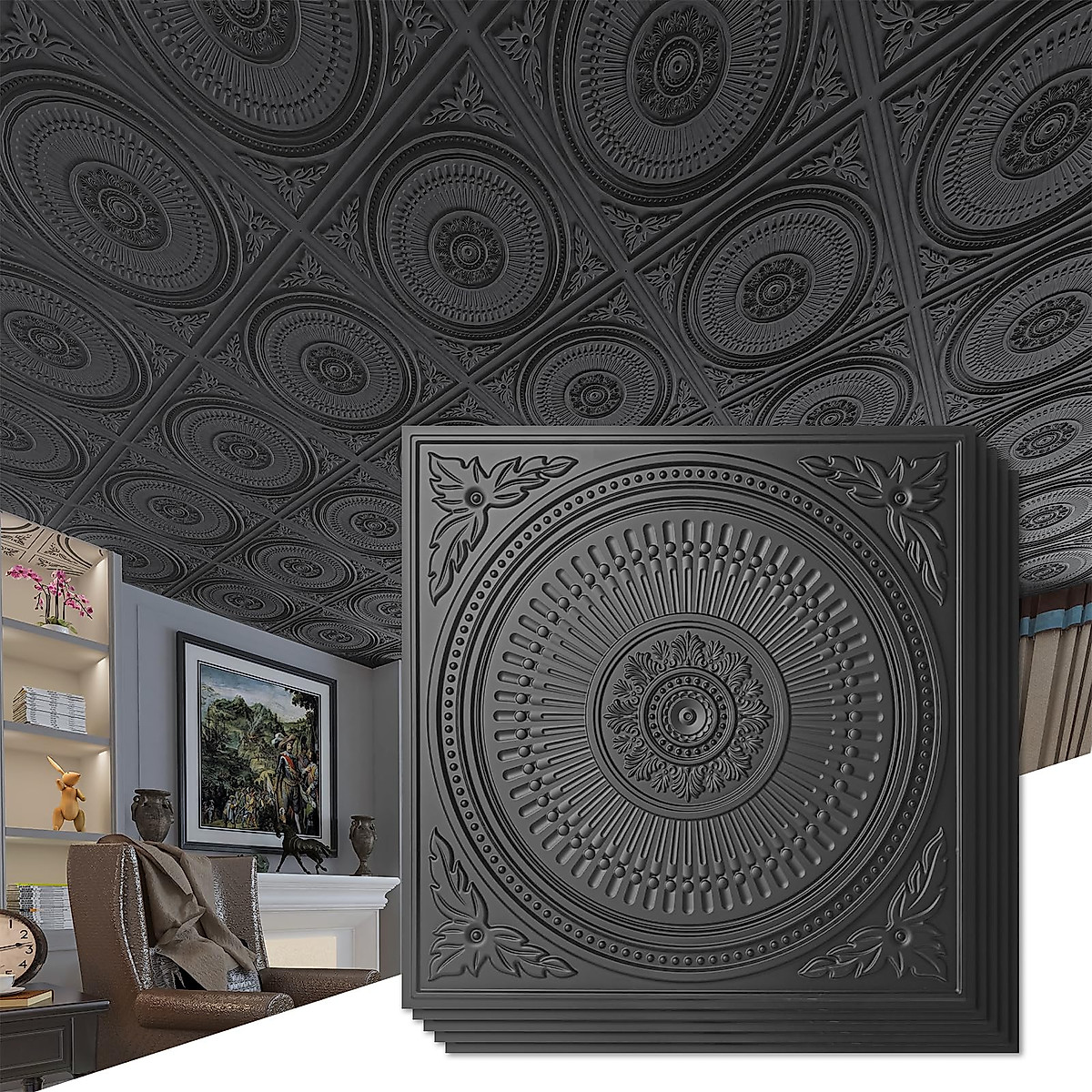 Art3d 12-Pack Drop Ceiling Tiles 2x2 FT, Decorative Easy Install PVC Ceiling Panels for Interior Kitchen Bathroom Basement, 24x24 Inch, Black