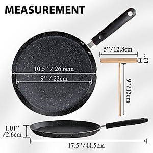 Buecmue 10.5 Inch Nonstick Crepe Pan with Spreader, Granite Coating Skillet Pan for Roti Egg Omelet Tortilla Tawa Dosa, Flat Frying Pan, Induction Compatible PFOA & PTFEs Free