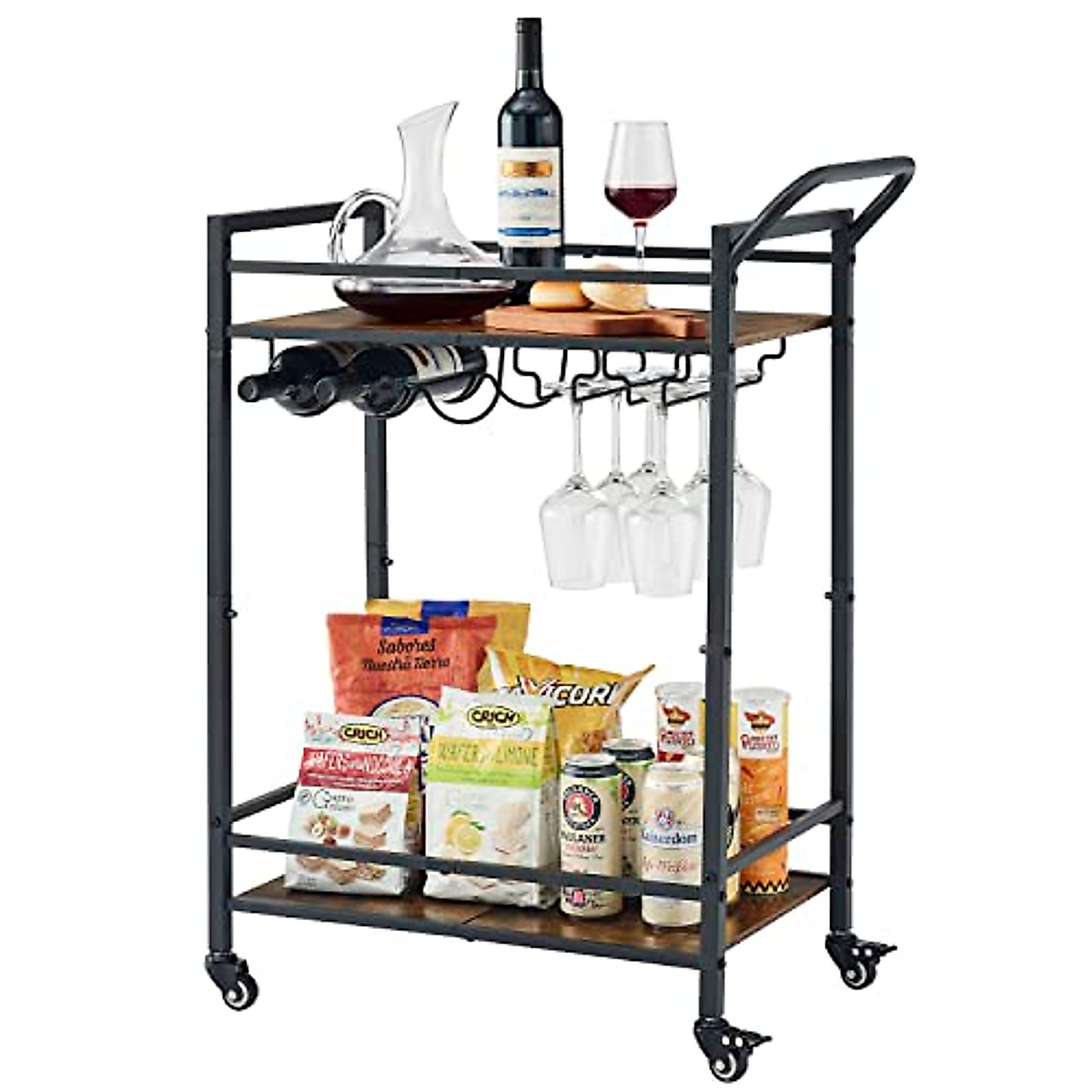 Tajsoon 2-Tier Mobile Bar Serving Cart, Industrial Style Beverage Cart with Wine Rack and Glass Holder, Rolling Drink Trolley for Kitchen, Living Room, Rustic Brown