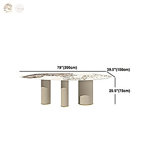 BAYCHEER Luxury Oval Dining Table Slate Stone Top Table with 3 Metal Base Kitchen Table - White 78.7" L x 39.4" W x 29.5" H (Table Only)