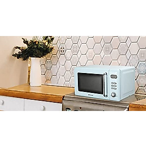 Emerson .7 Cu Ft Retro Digital Microwave Oven, 700W with 5 Micro Power Levels, 8 Pre-Programmed Settings, Express & Defrost, Chrome Handle & Control Buttons, Timer & LED Display, Retro Blue