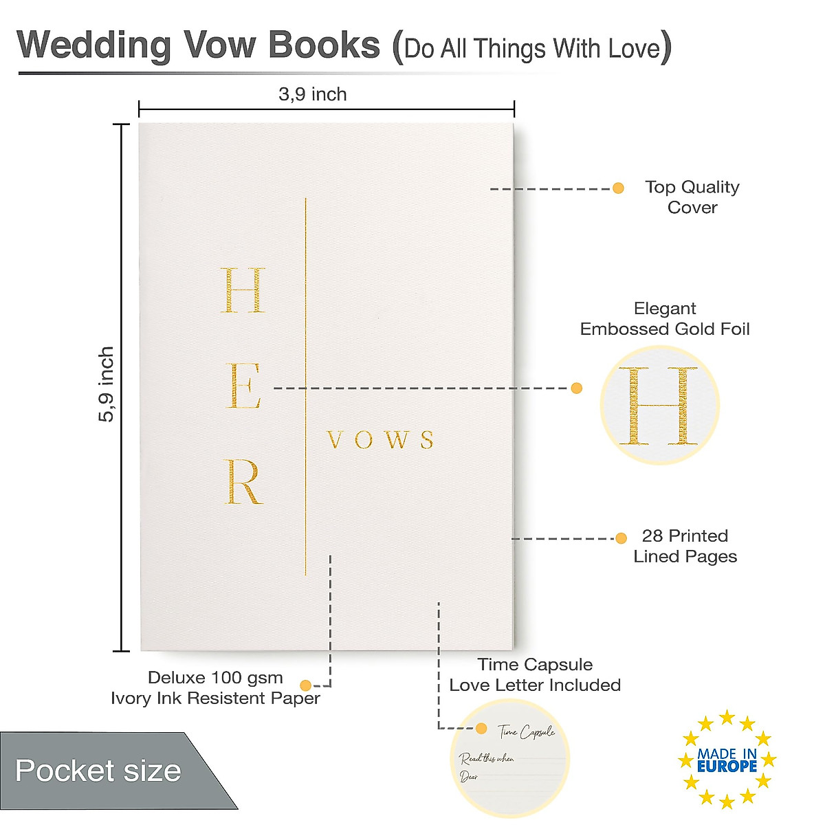 UNITED ESELL Modern Wedding Vow Books His and Hers - Bride and Wedding Notebook with 28 Pages - 5,9" x 3.9"- Great for Vow Renewal - Bridal Shower Gifts – Booklet - Bonus Time Capsule Love (GOLD)