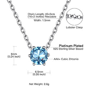 Suplight March Birthstone Necklace 925 Sterling Silver Aquamarine Bule Necklace for Women