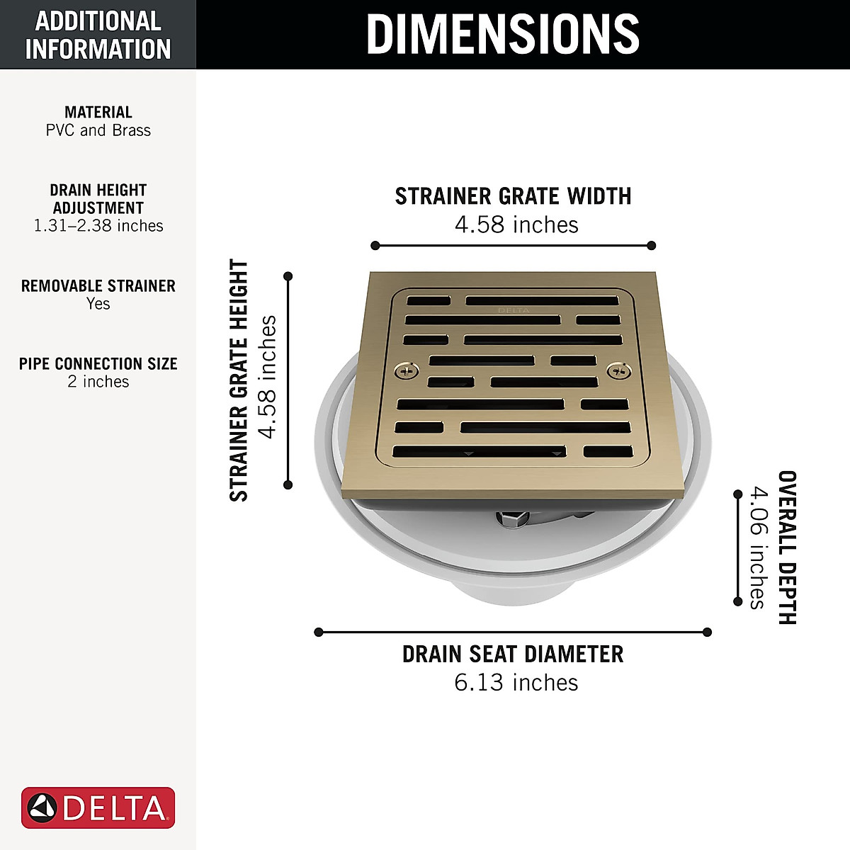 Delta Faucet 4 Inch Tile-In Square Shower Floor Drain Gold, Shower Drain Kit, Square Shower Drain, Chrome Shower Drain, Shower Floor Drain, Champagne Gold DT062412-CZ