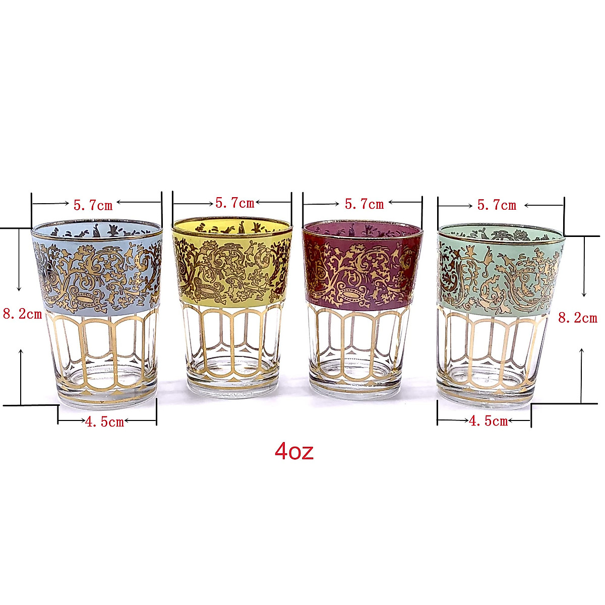 Big Gold Shot Glasses, Mini Juice Glasses, 4 oz Shot Glasses Set, Party Shot Glasses With Colorful Print, Small Stemless Wine Glass Set Of 4, 5oz Moroccan Tea Glasses