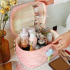 WADORN 2 Styles Portable Makeup Bag for Women, Corduroy Makeup Pouch Sets Travel Zipper Cosmetic Organizer Bag with Tulips Pattern Cute Quilted Cosmetic Pouch Toiletry Bag