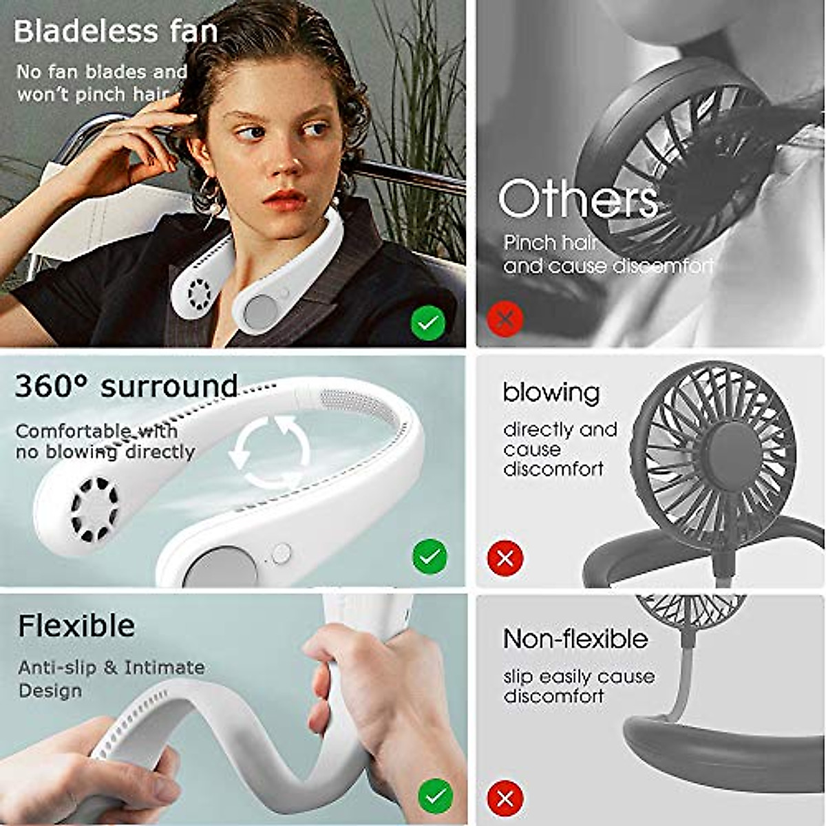 Portable Personal Bladeless Neck Fans, USB Rechargable Hanging Necklace Bladeless Fan, Hand Free Wearable Neck Fan Battery Operated Personal Fan 4 Speeds 360 Degree Free Rotation Air Cooling for Outdoor Activity (White)
