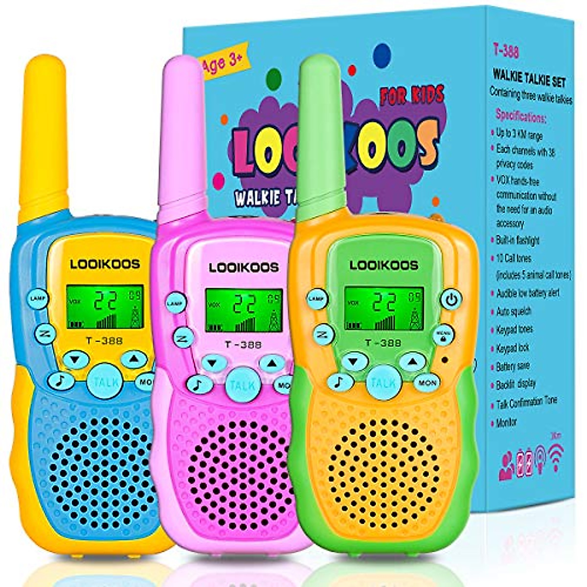 LOOIKOOS Walkie Talkies for Kids, 3 KMs Long Range Walky Talky Radio Kid Toy Gifts for Boys and Girls 3 Pack