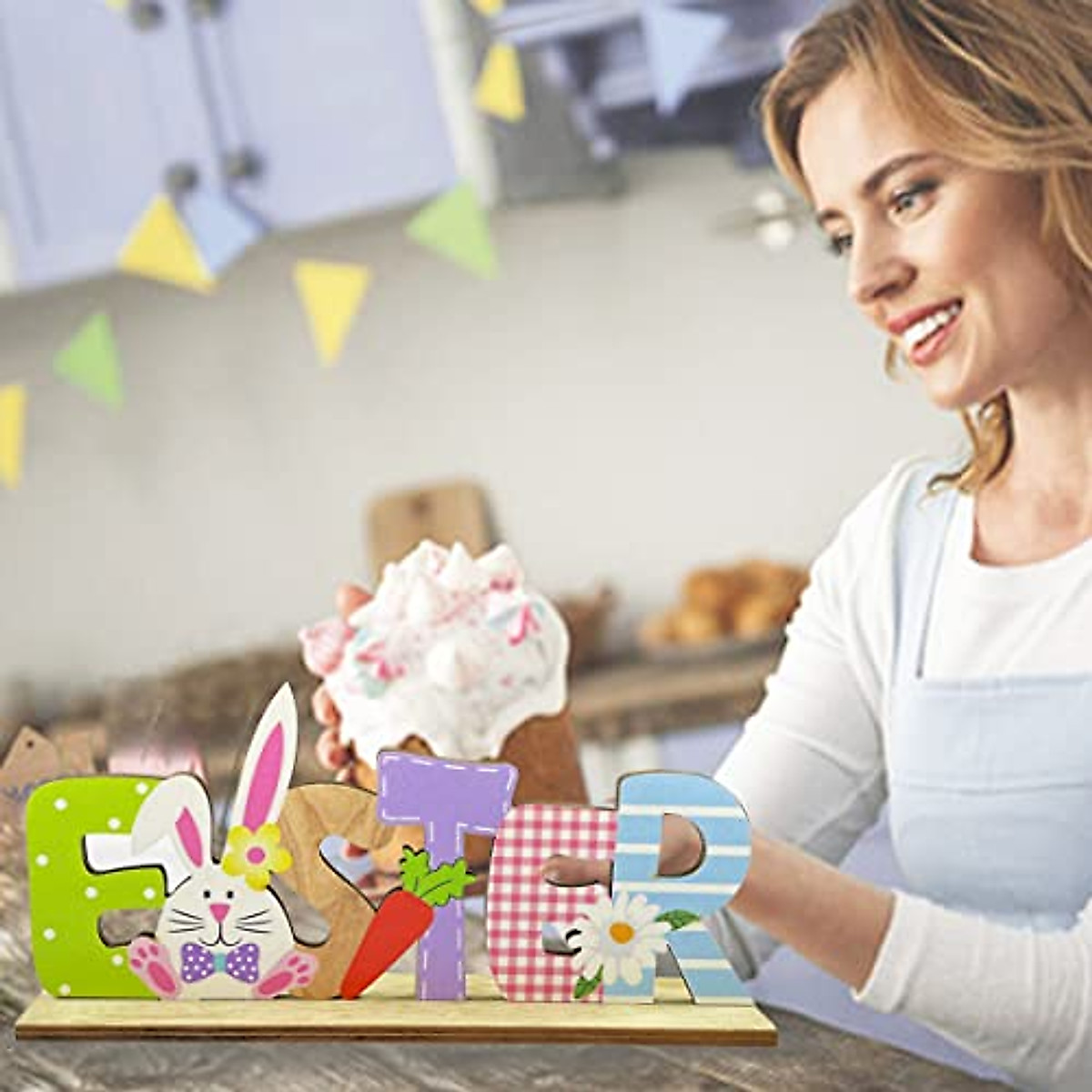 Easter Tabletop Decorations Signs, Easter Wooden Table Bunny Gnome Easter Decor Party Scene Decorative Props Easter Gifts Easter Decorations for The Home 2-Pack (Group 1)