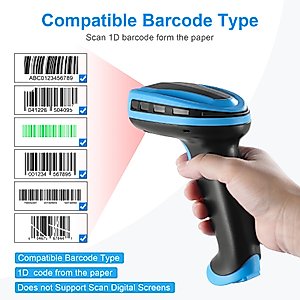 JRHC Barcode Scanner Wireless, Rechargeable 1D Laser Bar Code Scanners, Handheld Barcode Scanner Versatile 2 in 1 2.4Ghz Wireless and USB 2.0 Wired