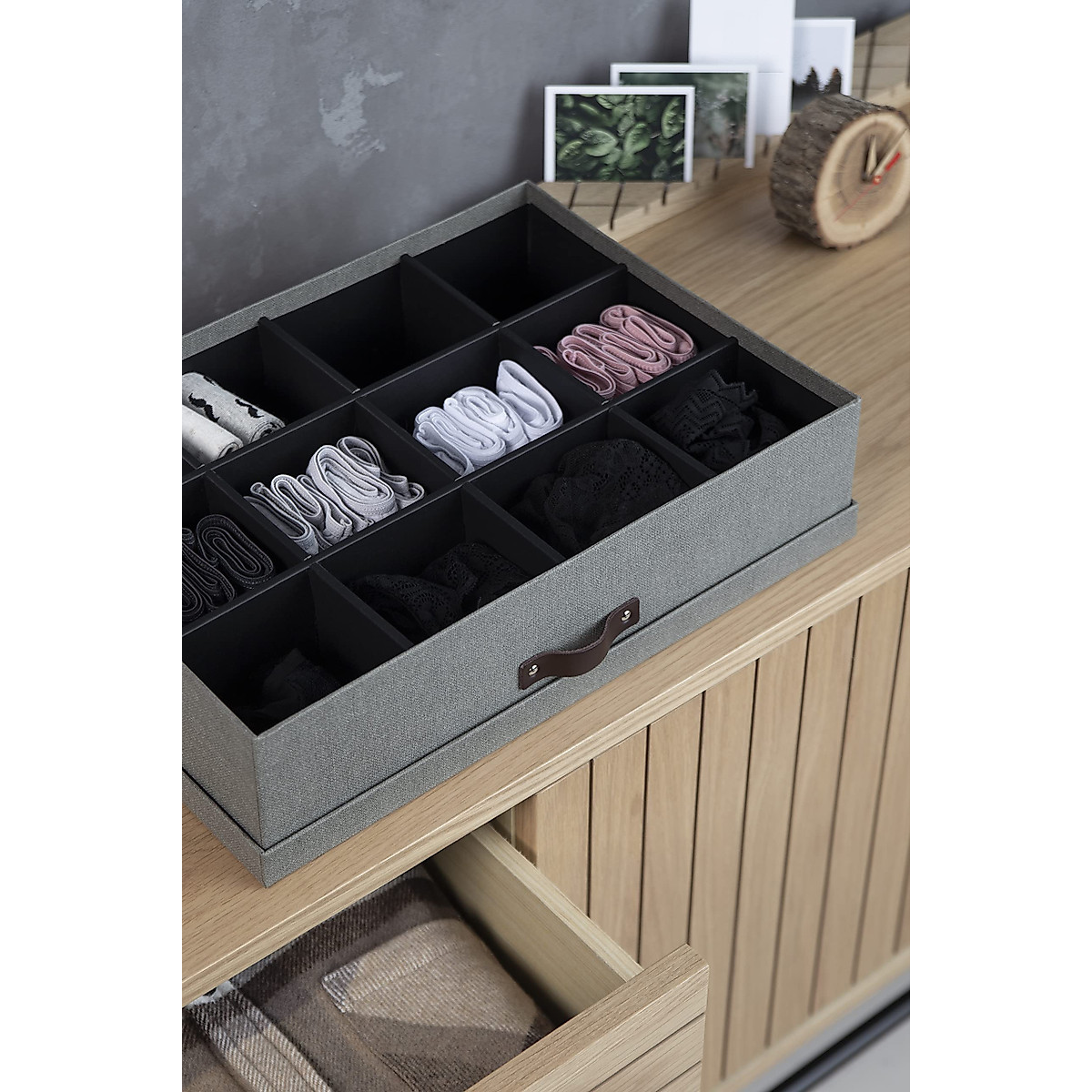 Bigso Box of Sweden Small Storage Box with 12 Compartments and Leather Handle - Fabric Storage Organiser for Shelves or Drawers - Drawer Organiser for Underwear, Socks, Jewellery, etc. - Grey
