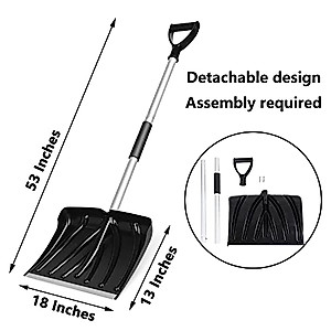 Snow Shovel, kemalida Snow Shovel for Driveway, 53" Detachable Ergonomic D-Grip Handle for Snow Removal Shovel, Snow Shovel for Car Home Garage Garden.