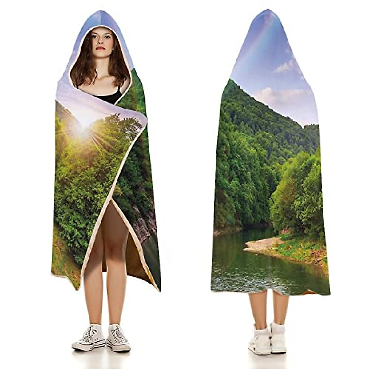 Hooded Blanket Poncho, Nature Wearable Hooded Blanket for Adults, Summer Scene by Mountain Valley with Rainbow Over The, Soft Warm Cozy, 40 x 50inches, Gifts for Women Adults Girls and Kid