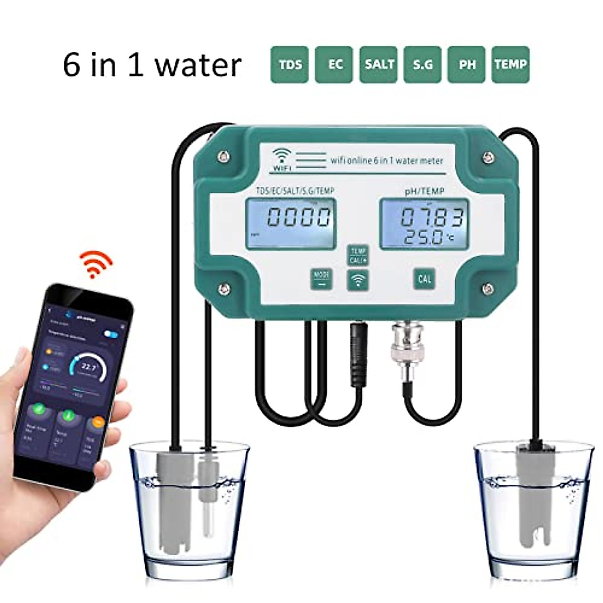 Water Quality Meter 6 in 1 PH TDS EC SG Salt Temperature Tester WiFi Connection Aquarium Thermometer for Environmental Water