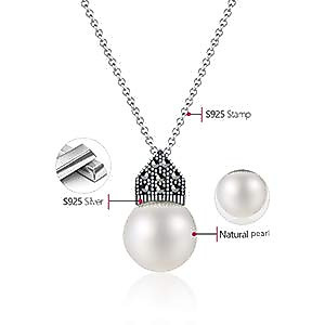 Lotus Fun Gifts S925 Sterling Silver Simulated Pearl Neclace Large Shell Pearl Pendant Necklace, Handmade Natural Jewelry Gifts for Women Girls Mother Mom Wife Her