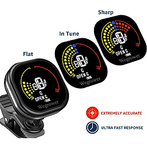 Wegrower Guitar Tuner Rechargeable, Clip On Tuner with LCD Color Display with Guitar, Ukulele, Violin and Chromatic Tuning Modes, Tuners for Musical Instruments