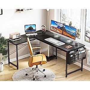 ODK L Shaped Desk with Storage Bag - 50 Inch Home Office Desk with Host Stand, Black Reversible Computer Corner Desk for Bedroom Studio, Modern PC Gaming Desk for Study Writing