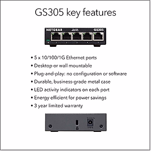NETGEAR GS305, 5 Port Gigabit Ethernet Network Switch, Ethernet Splitter, Hub, Desktop, Sturdy Metal, Fanless, Plug and Play
