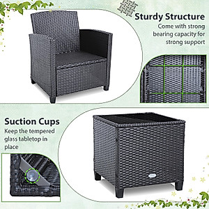 Tangkula 3 Pieces Patio Furniture Set, PE Rattan Wicker 3 Pcs Outdoor Sofa Set w/Washable Cushion and Tempered Glass Tabletop, Conversation Furniture for Garden Poolside Balcony (Beige/Navy)