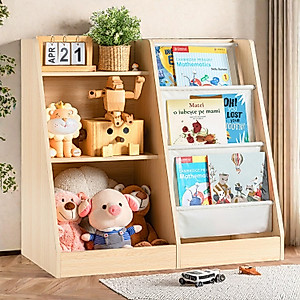 infurnic 3 Tier Kids Wooden Bookshelf Baby Toddler Bookshelf and Toy Storage Organizer with Three Layer Sling Bookcase for Kids Room Playroom Nursery Classroom